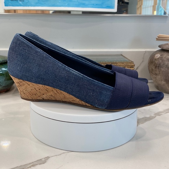 Coach and Four | Shoes | Coach And Four Blue Denim Opentoe Wedge Heels ...